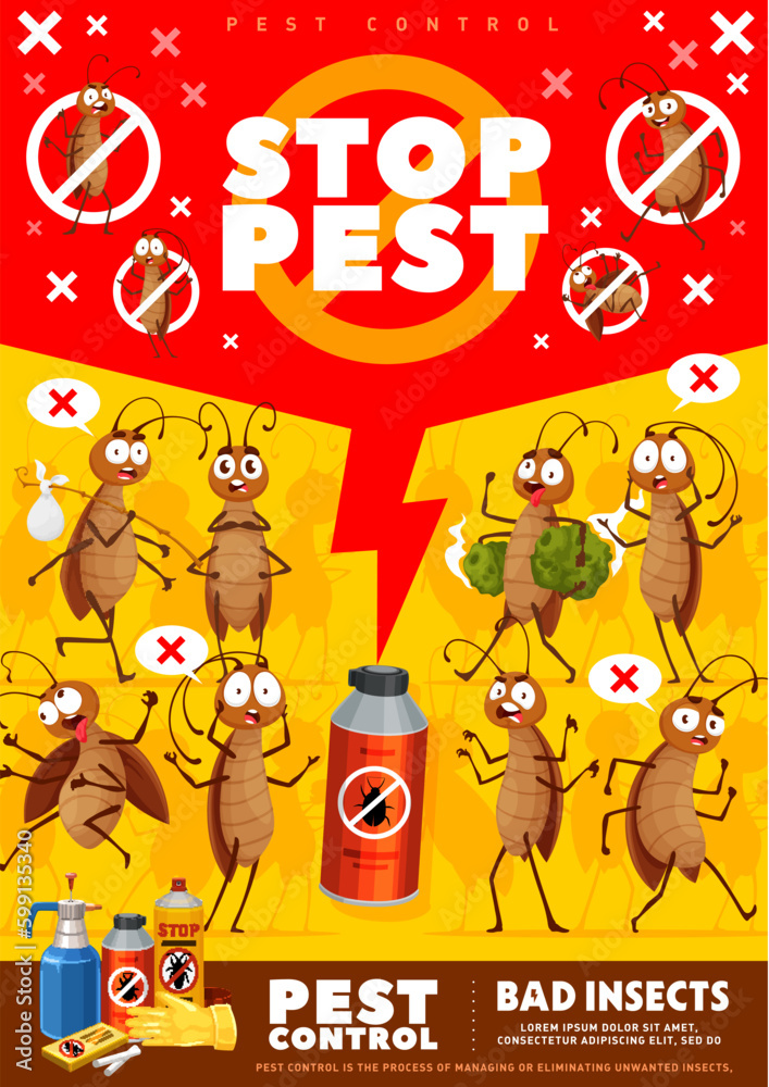 Pest control poster or flyer. Cartoon cockroach characters. Pest ...