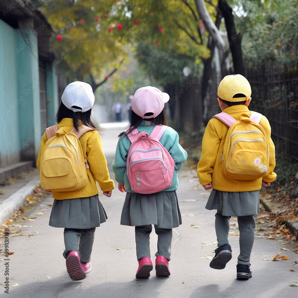 Back view of a three school girls wearing backpack outside the primary ...