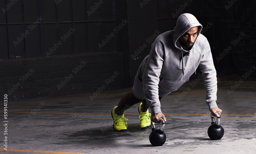 Kettlebell training, mockup and a man athlete during his workout for ...