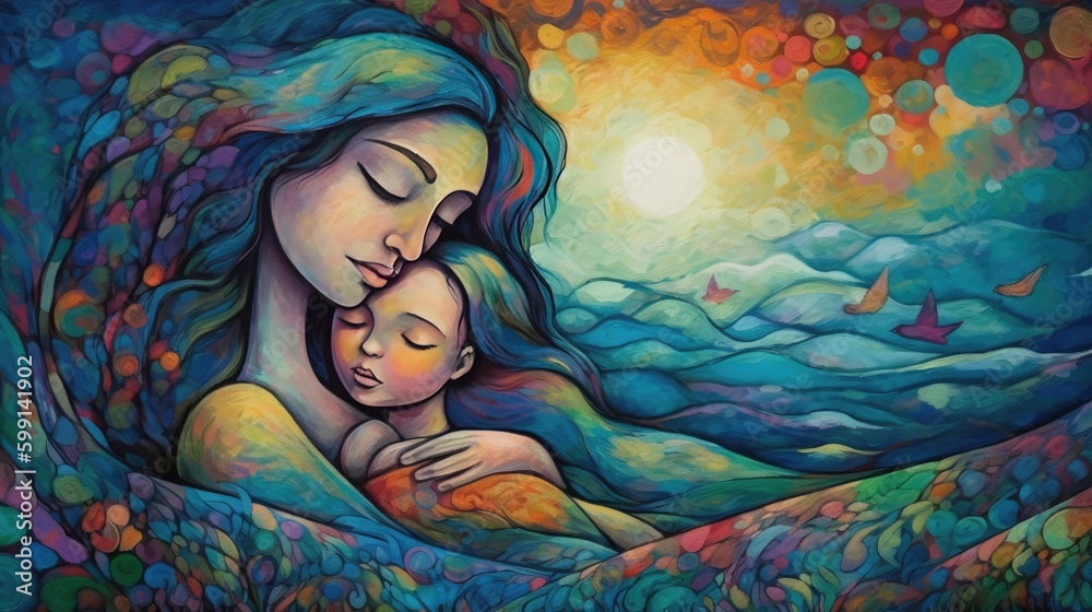Abstract Mother's Day portrait art. Mother and child. Symbol of maternal love. Baby, daughter ...