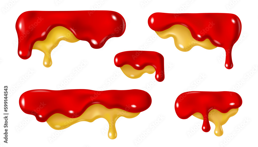 Dripping ketchup and mustard sauce design. Vector 3d liquid paint stain ...