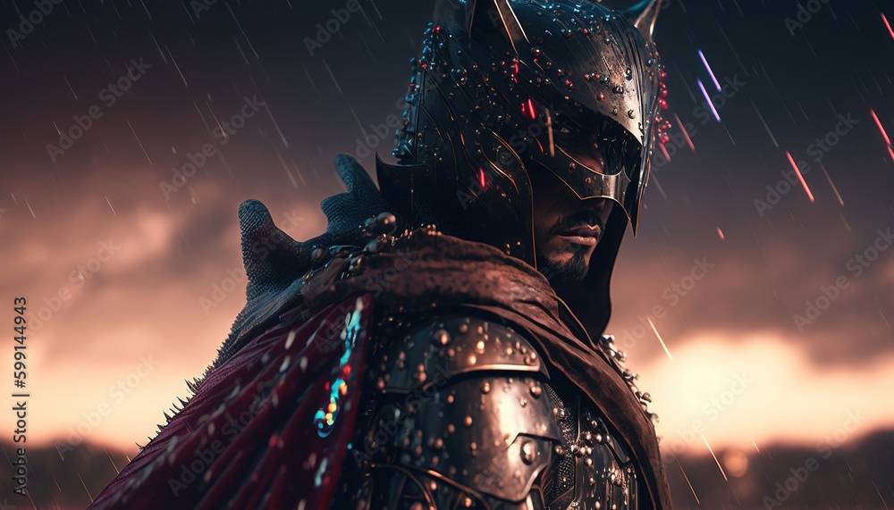 Assassin wearing heavy legendary armor in the rain ready for war ...