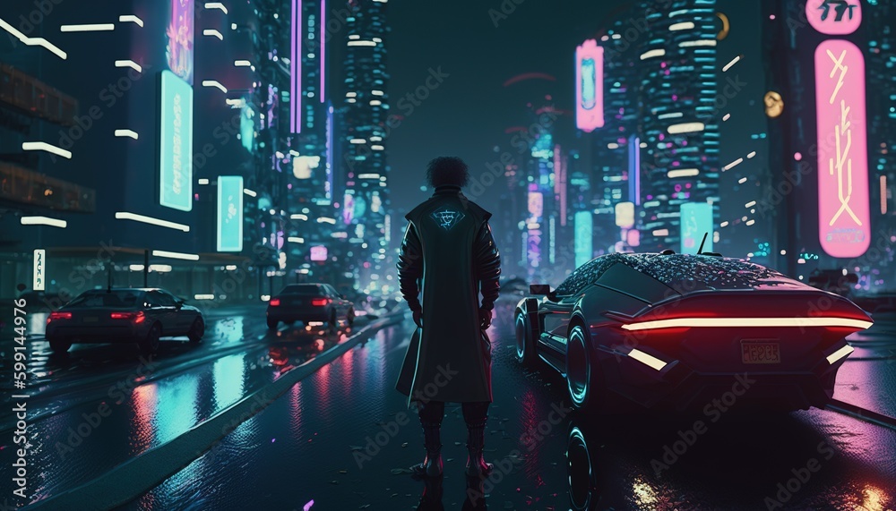 Boy standing on cyber city road with the hi-tech car in the glowing ...