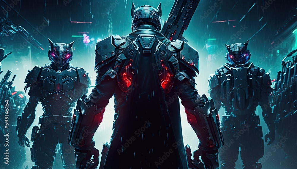 robot cyborg highly trained warrior with a squad going on the mission ...