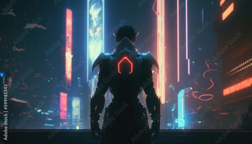 women in robotic suits and armor stand in the cyber city, robots in the ...