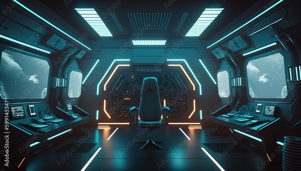 the futuristic spaceship cockpit interior technology, high technology cockpit. Generative AI ...