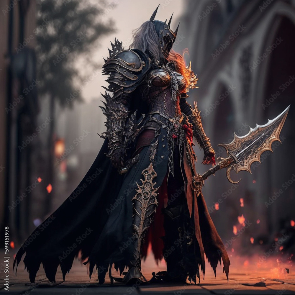 A female knight in horrifying armor with her face hidden by a mask ...