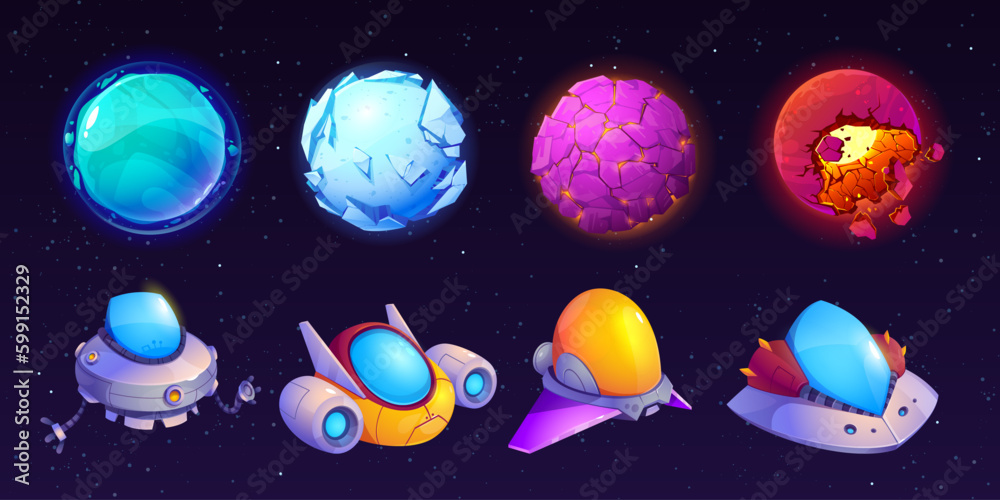 Cartoon set of alien UFO and planets isolated on night starry sky ...