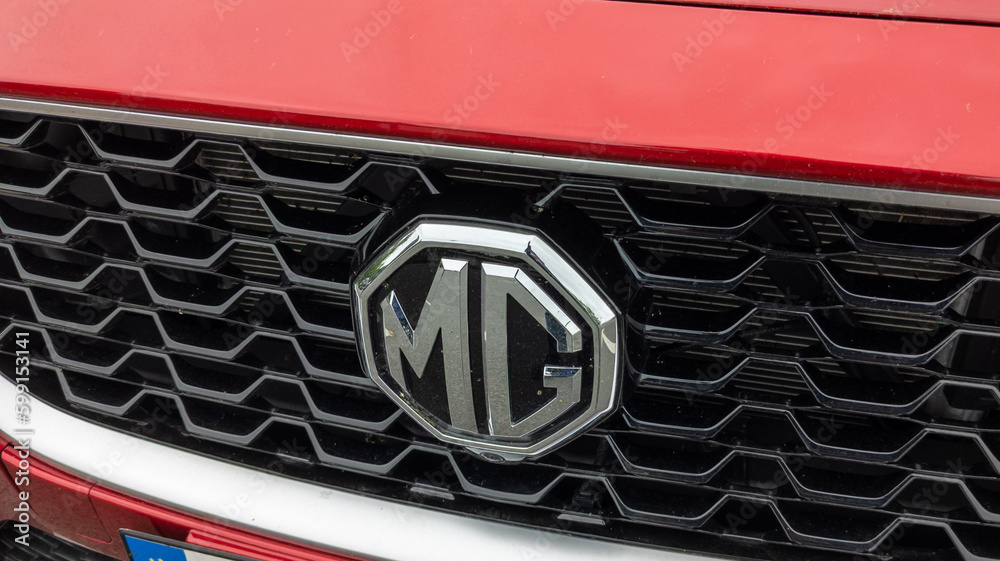 mg car electric ZS EV crossover suv front logo text and brand sign on chinese modern vehicle ...