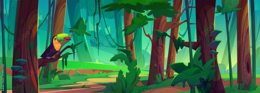 Tropical jungle forest with toucan on tree cartoon background. Bird on ...