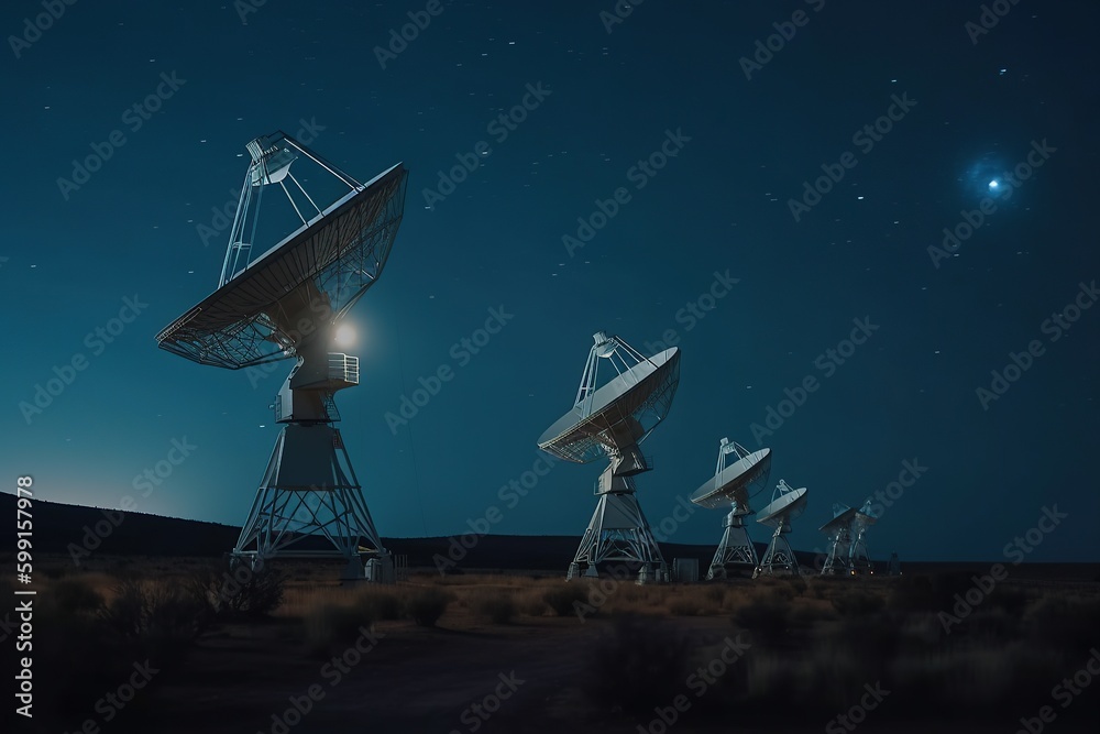 Space antennas in the desert against the background of the night sky ...