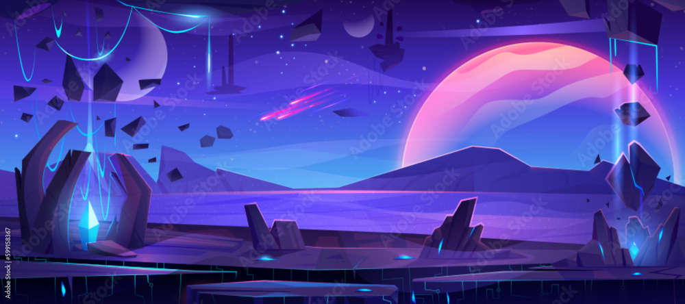 Cartoon alien planet landscape with neon blue crystals. Vector ...