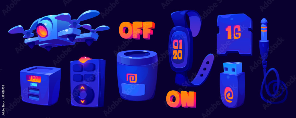 Vector technology usb, battery and connector cartoon icon set. Isolated ...
