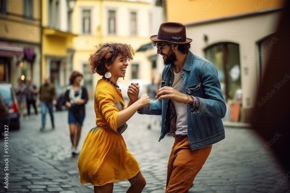 Cool young couple dancing happily in the street - colorful urban scene ...