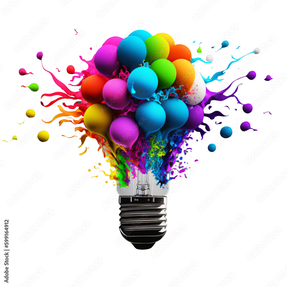 a colorful idea lightbulb with balloons, isolated design element on ...