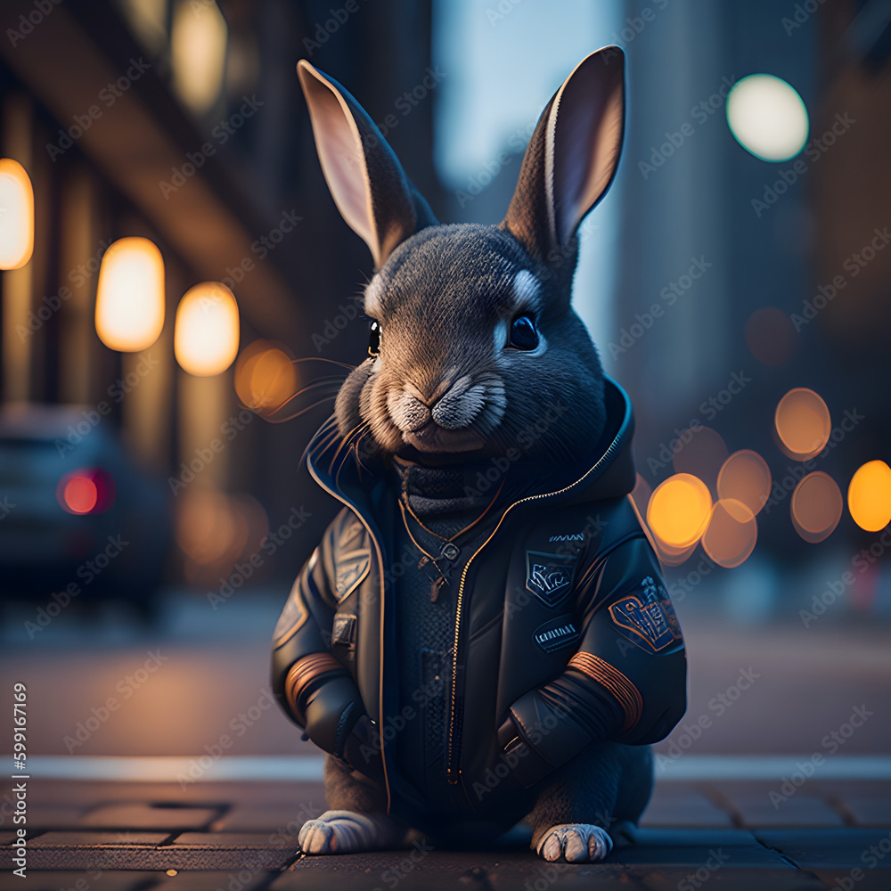 Year of the Rabbit. Cute kawaii tiny hyperrealistic rabbit in hip hop ...