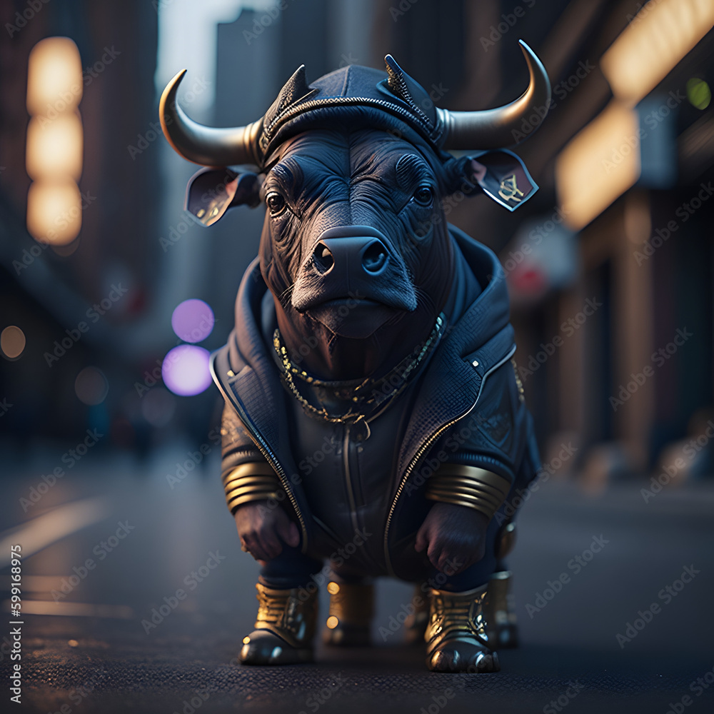 Year of the bull. Cute Kawaii tiny hyper realistic Bull wearing hip hop ...