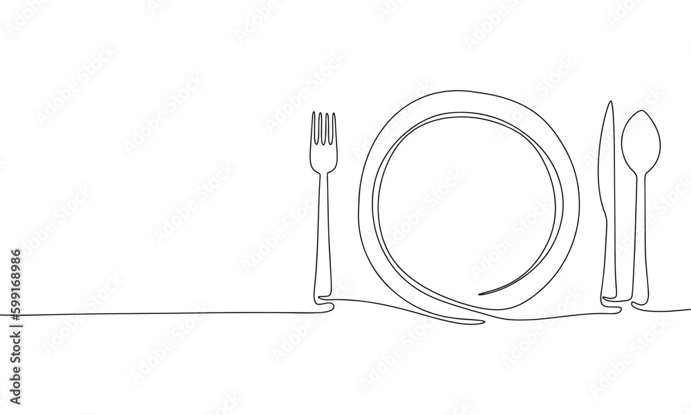 One line continuous concept for restaurant or cafe menu. Fork, plate ...