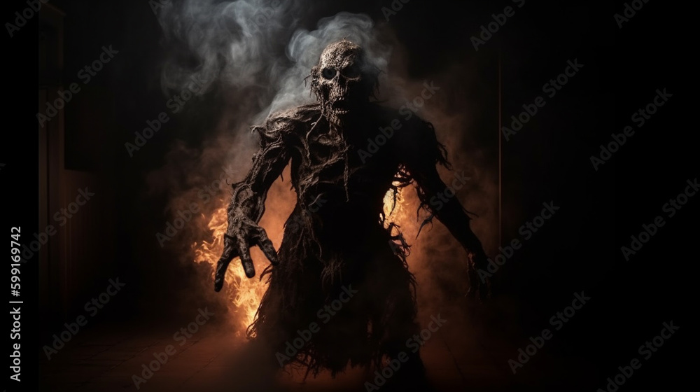 Halloween concept. Scary ghost standing in dark room with burning ...