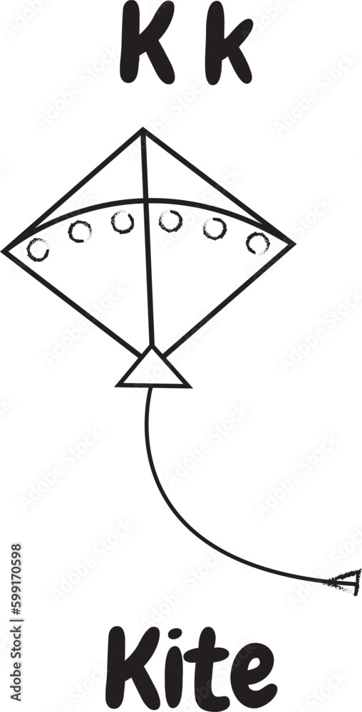 Kite icon with English alphabet K letter.For worksheets and coloring ...