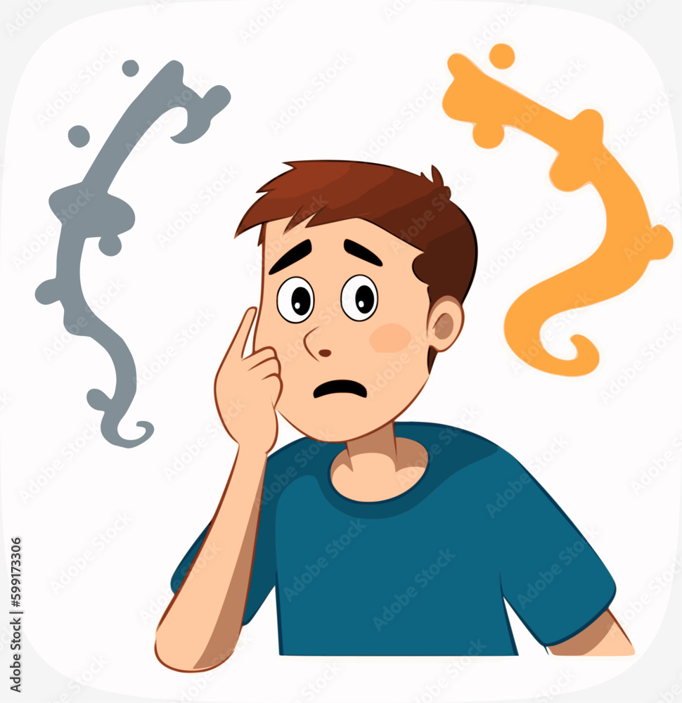 Cute little kid boy confused with question mark. Cartoon schoolboy ...