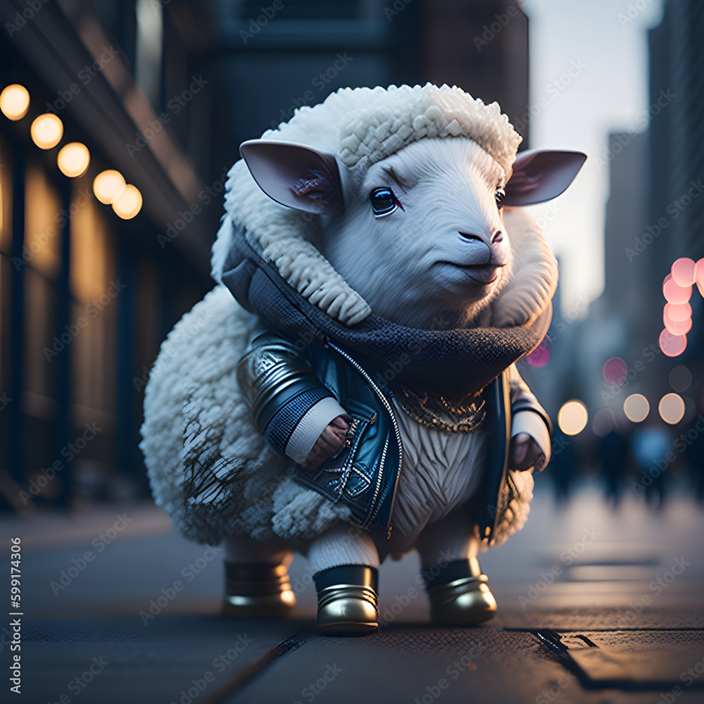 Cute Kawaii tiny hyper realistic Sheep wearing hip hop clothes, city ...
