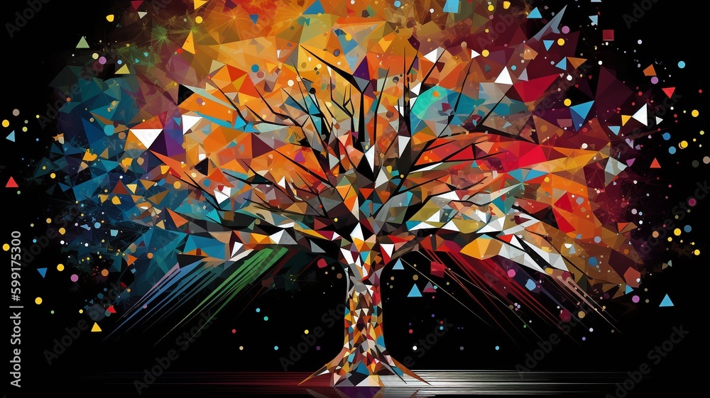 large tree with thick roots that is made out of geometric forms like ...