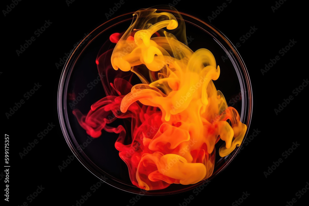Smoke circle. Ink water. Fluid swirl. Fume vortex. Bright yellow orange ...