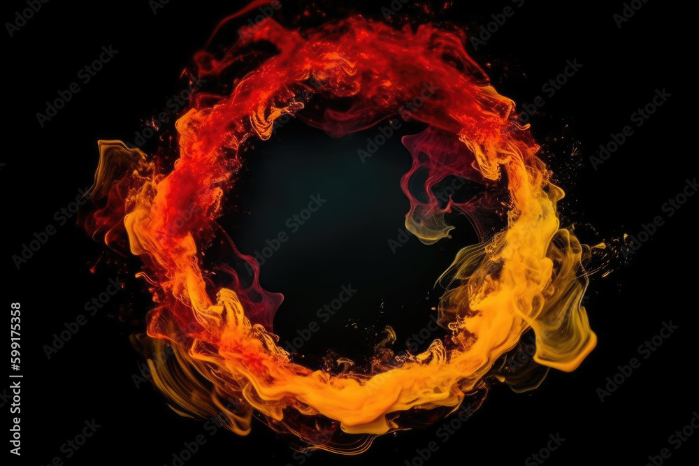 Smoke circle. Ink water. Fluid swirl. Fume vortex. Bright yellow orange ...