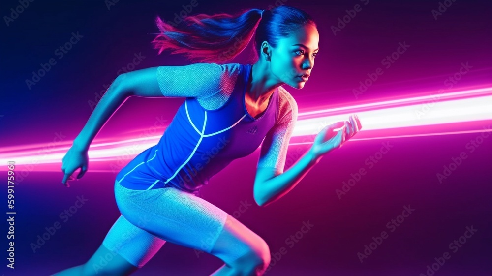 Professional female athlete, runner practicing with mixed pink neon ...