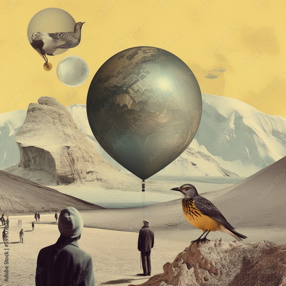 Surrealism. An island with a castle in the sea, fish fly. Surreal ...