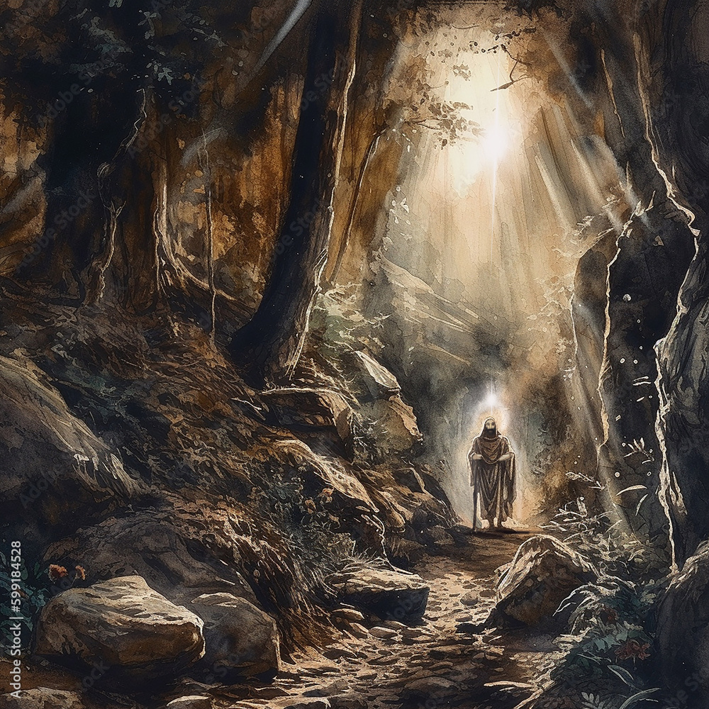 Jesus Christ, the saint, is walking through the forest. Watercolor ...