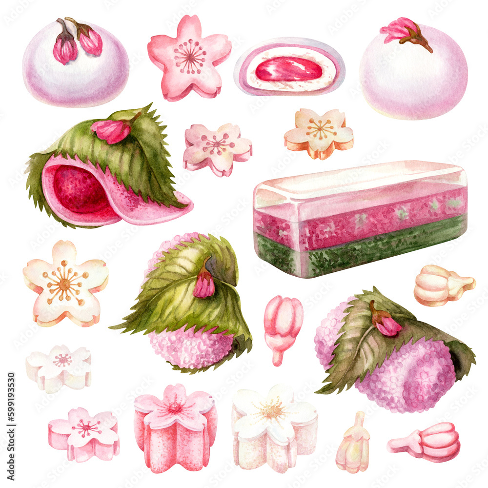 Watercolor japanese sweets as spring sakura flowers in japanese cherry ...