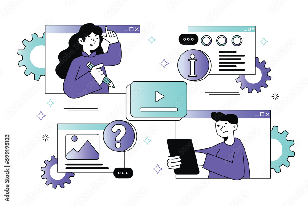 Video lesson waist-height concept with people scene in the flat cartoon ...