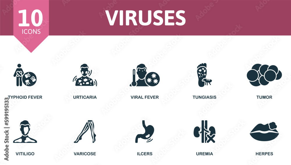 Viruses outline set. Creative icons: typhoid fever, urticaria, viral ...