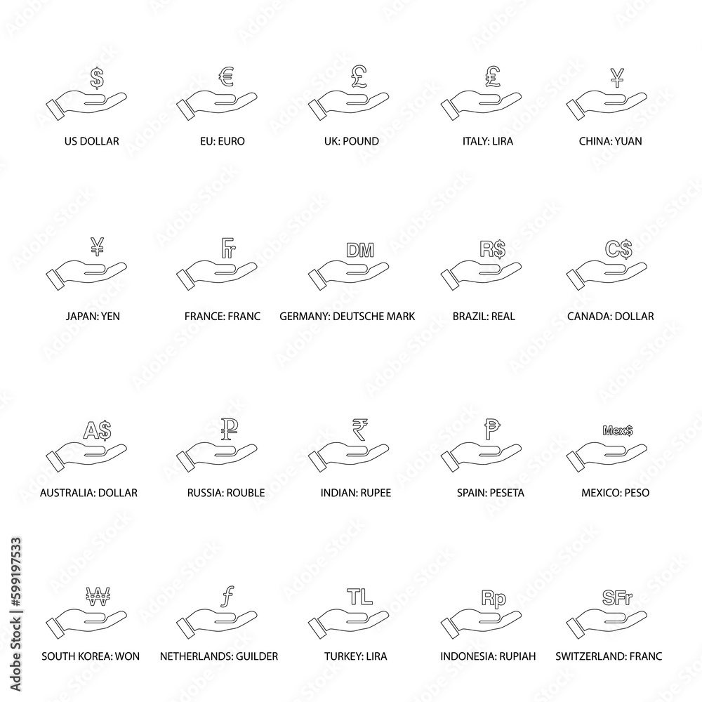 Editable Stroke All Country Currency Money Symbols Holding with Hands ...