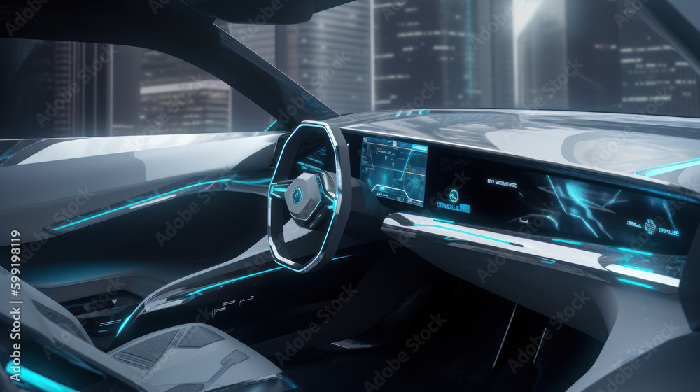 Interior view of cabin in a highly modern futuristic electric car ...