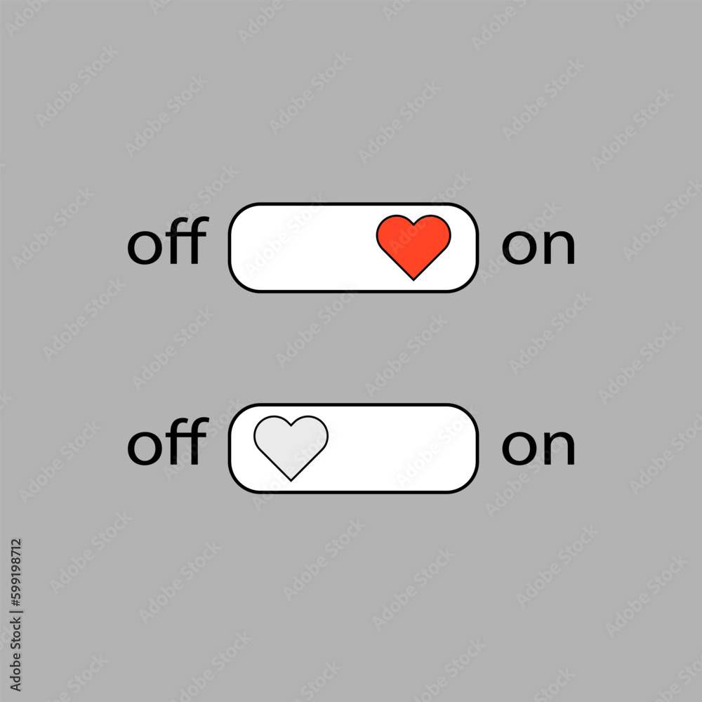 On and Off sign, icon, switch buttons set with heart, vector ...