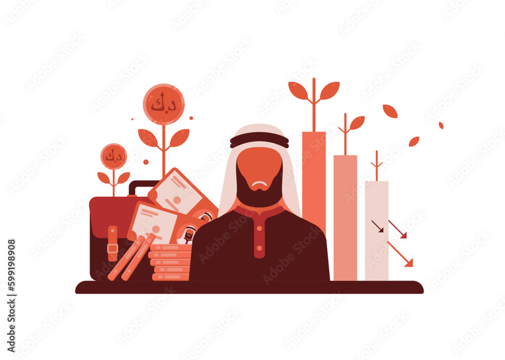 Kuwait man with sad face shows downturn or decline of kuwait economy or ...