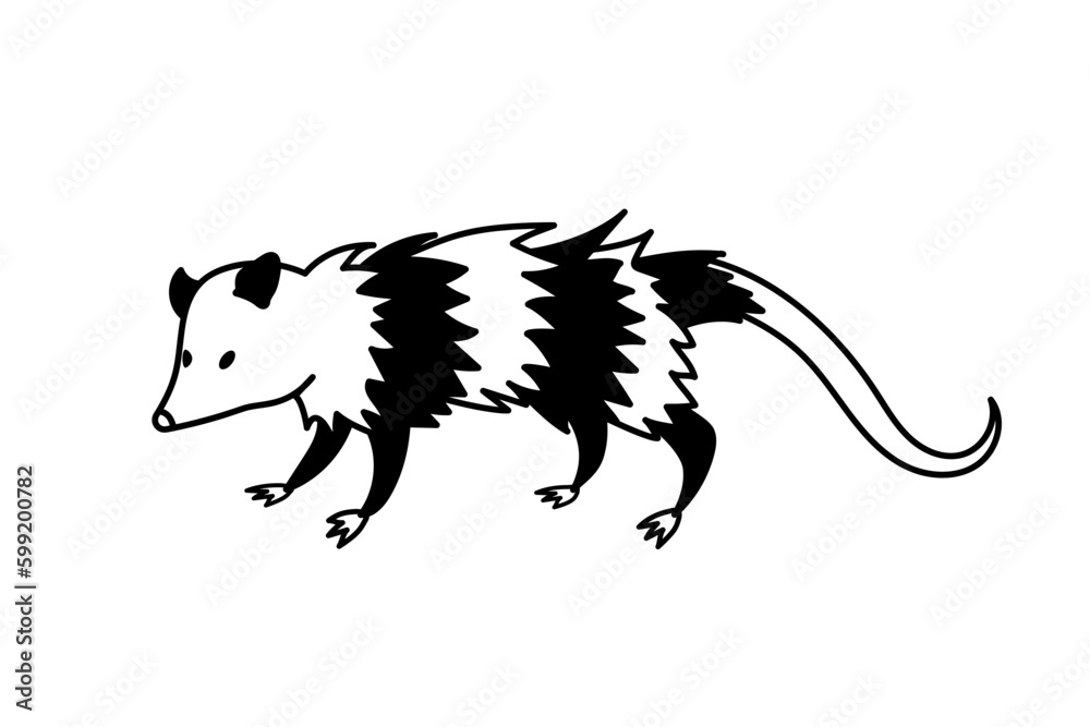 vector black and white illustration cartoon possum, tattoo sketch with ...
