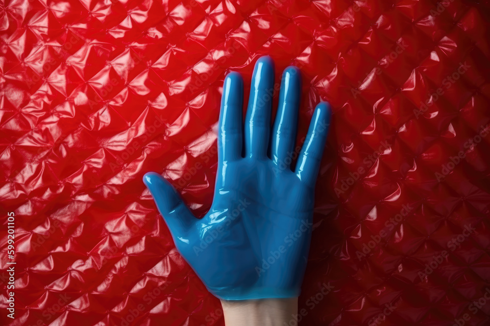 Stop gesture. Plastic pollution. Environment protection. Red blue color ...