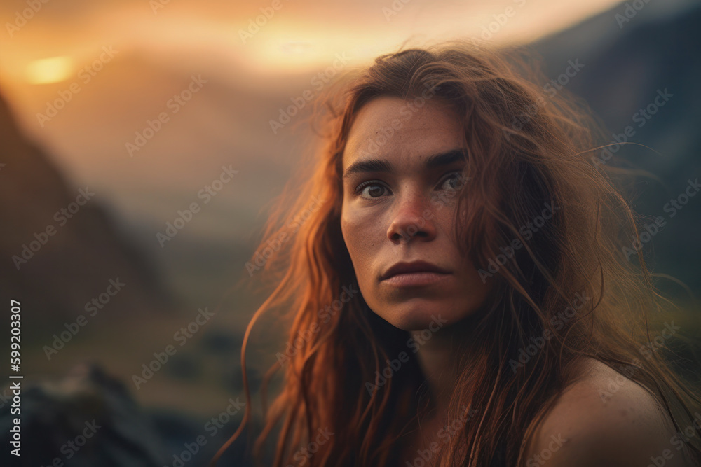 Neanderthal woman with prominent brow ridges and a strong jawline in a ...