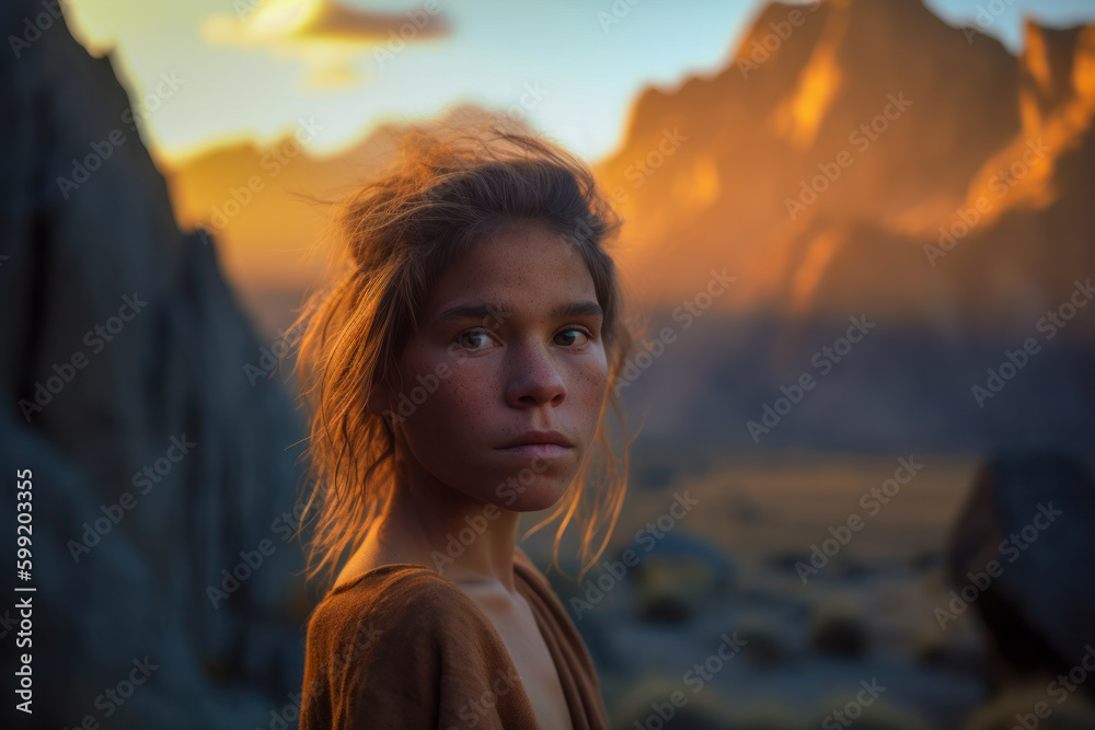 Neanderthal woman with prominent brow ridges and a strong jawline in a ...