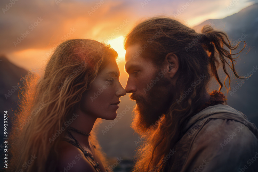 Neanderthal Couple Embracing in a Tender Moment Against a Mountain ...