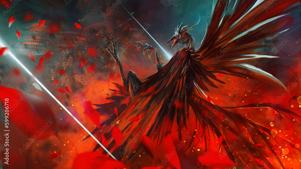 Phoenix bird surrounded by fire with beautiful bright wings. a ray of ...