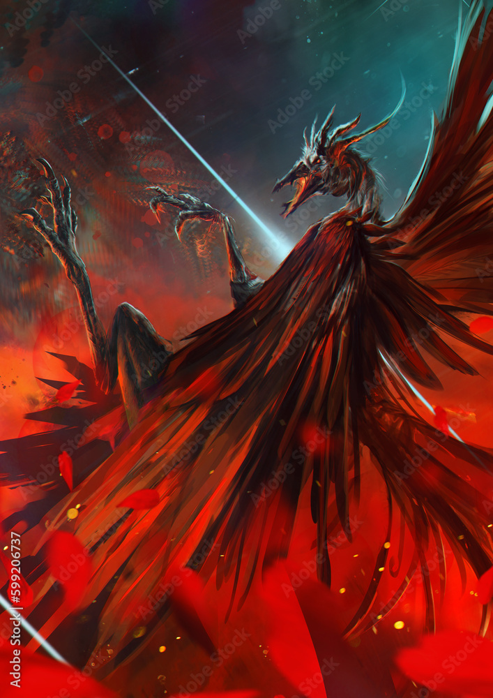 Phoenix bird surrounded by fire with beautiful bright wings. a ray of ...