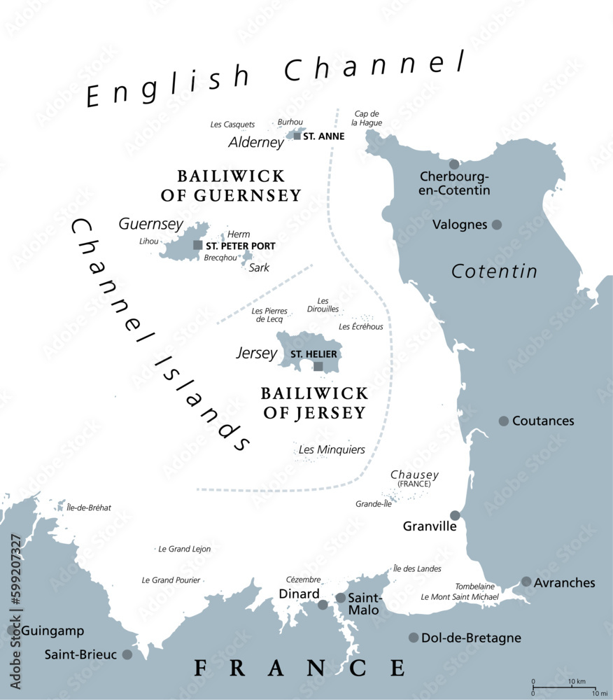 Channel Islands, gray political map. Crown Dependencies Bailiwick of ...