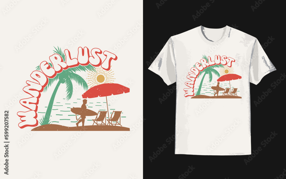 Vintage summer t-shirt with wanderlust slogan. Trendy groovy print ...