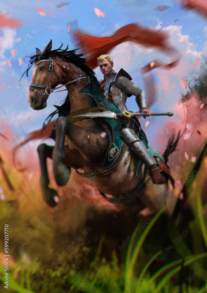 The handsome blond prince is a fantastic warrior in steel armor riding ...