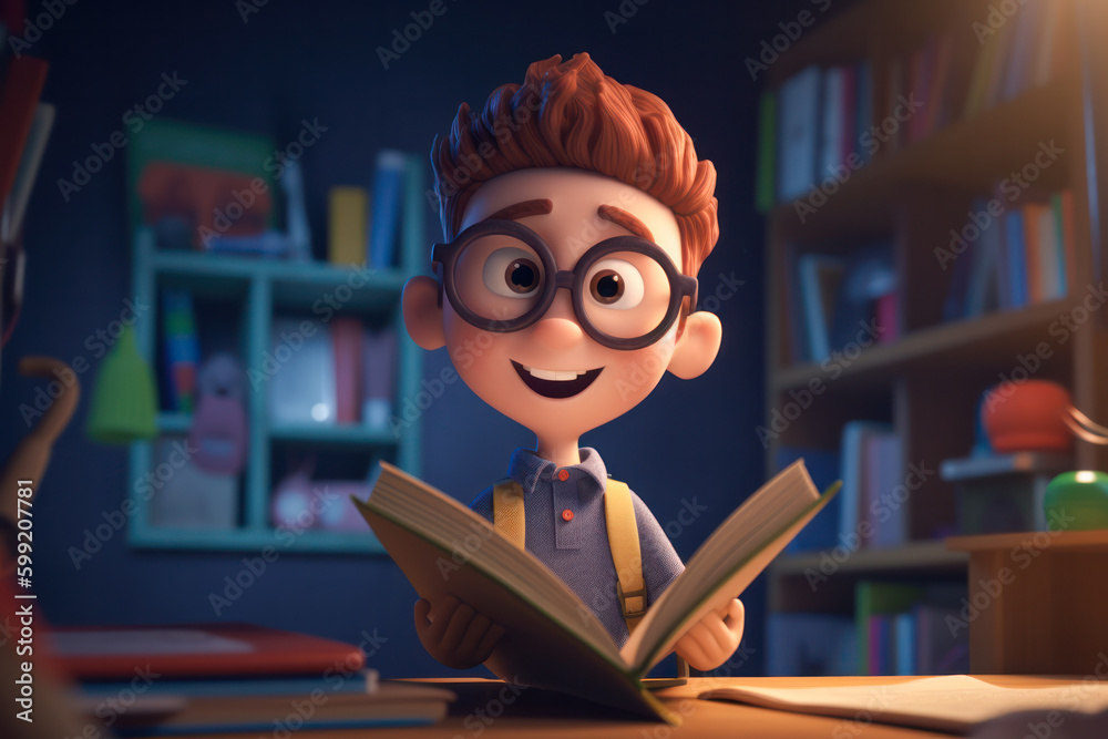 Smiling Caucasian boy diligently completing homework at a desk ...